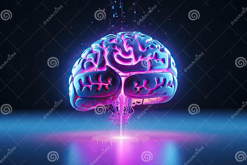 Digital AI Electronic Brain Made from Metallic with Neon Light, Neural ...