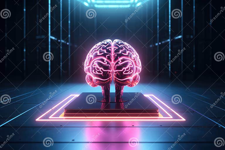 Digital AI Electronic Brain Made from Metallic with Neon Light, Neural ...