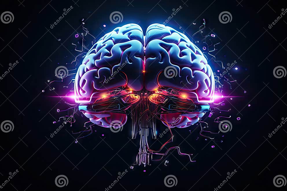 Digital AI Electronic Brain Made from Metallic with Neon Light, Neural ...