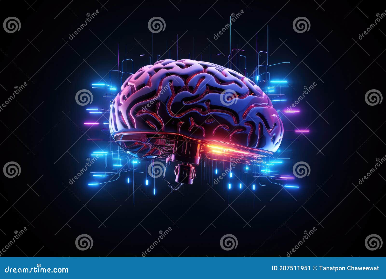 Digital AI Electronic Brain Made from Metallic with Neon Light, Neural ...
