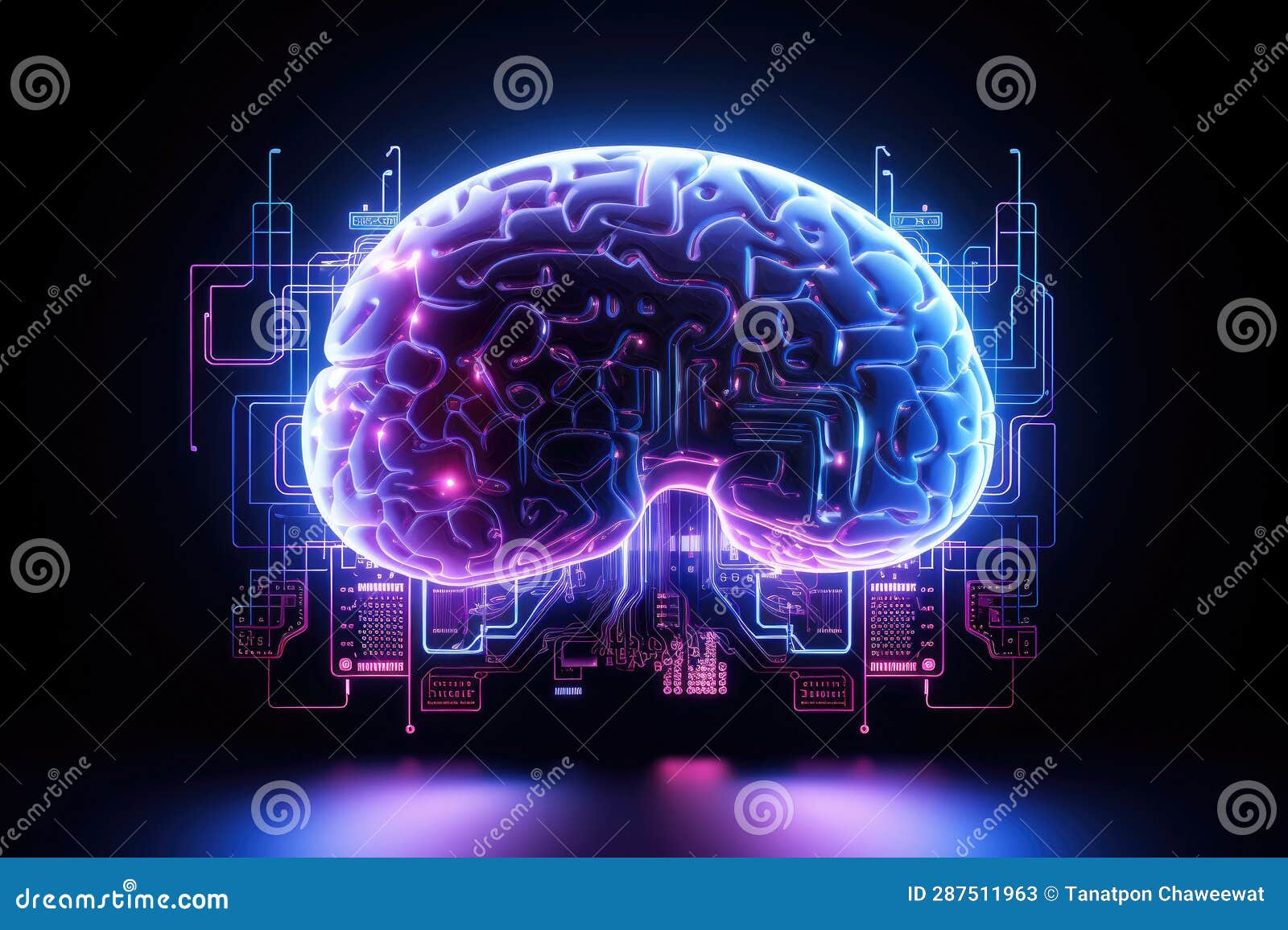Digital AI Electronic Brain Made from Metallic with Neon Light, Neural ...
