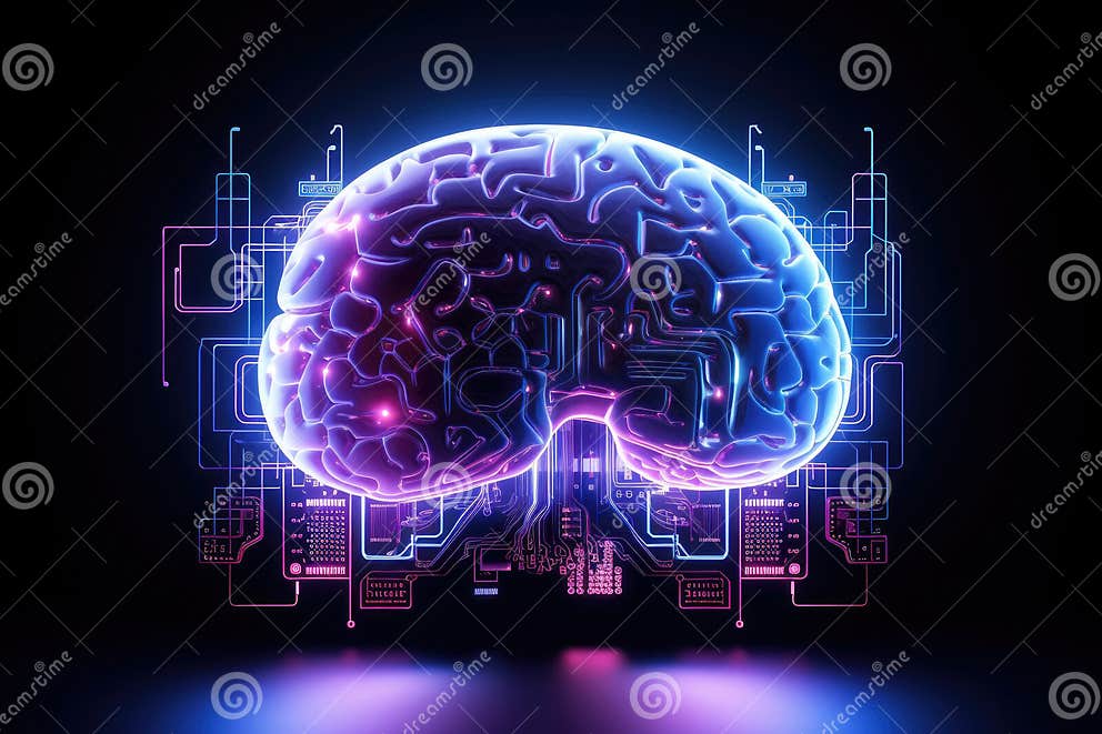 Digital AI Electronic Brain Made from Metallic with Neon Light, Neural ...