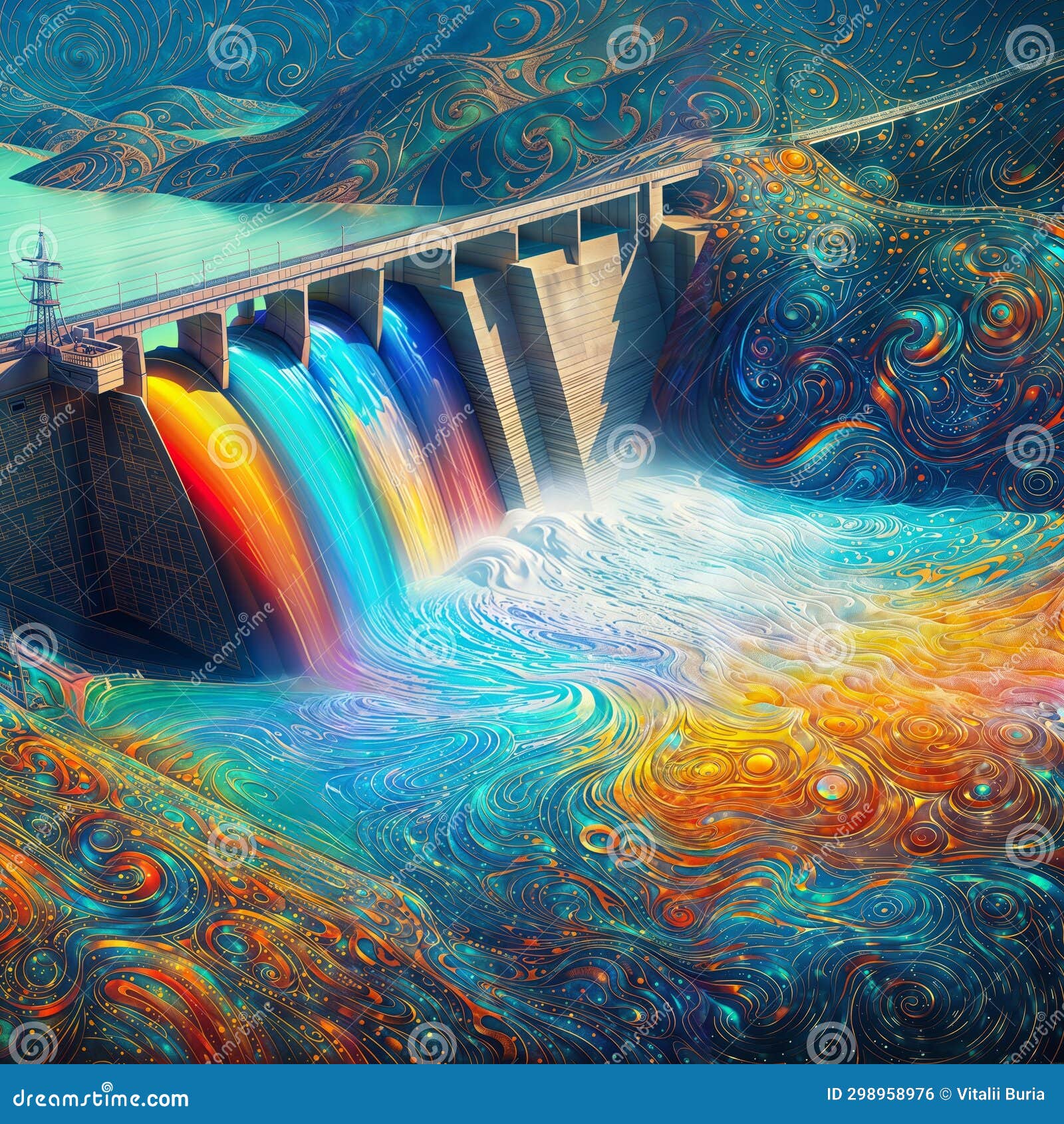 Rainbow Dam with Water Flow. 3d Rendering. Computer Digital Drawing ...