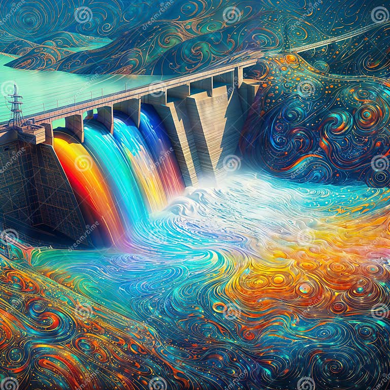 Rainbow Dam with Water Flow. 3d Rendering. Computer Digital Drawing ...