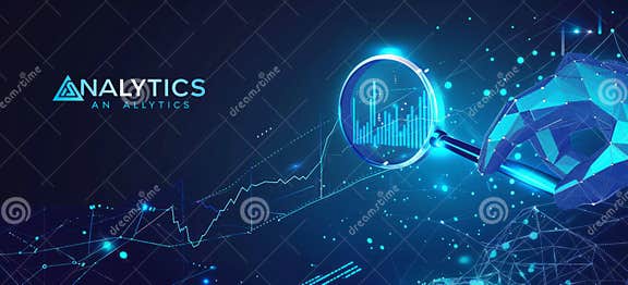 Digital Analytics Concept with Low Poly Magnifying Glass and Data Visualization on a Blue ...