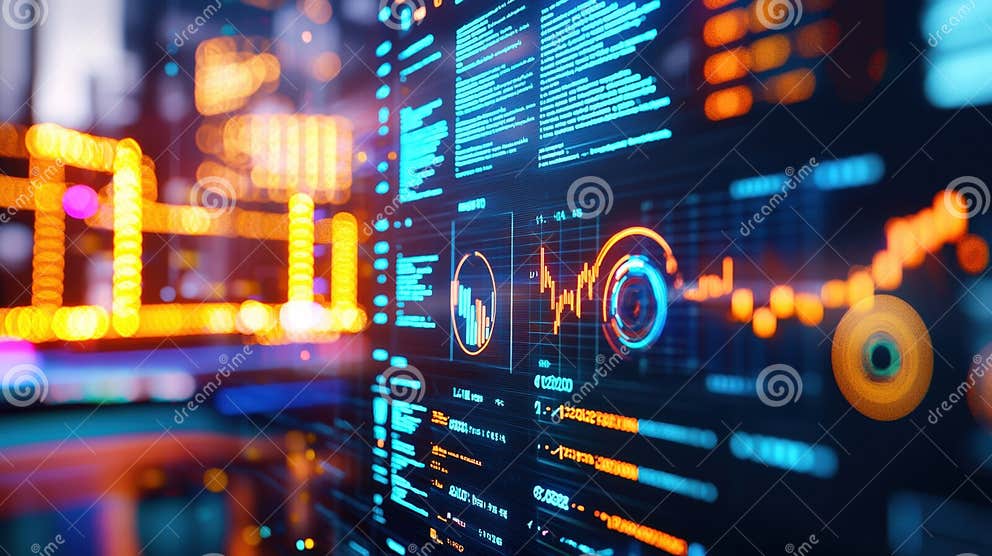Digital Analytics Displaying Complex Code, Graphs, Network Connections Blending with Urban ...