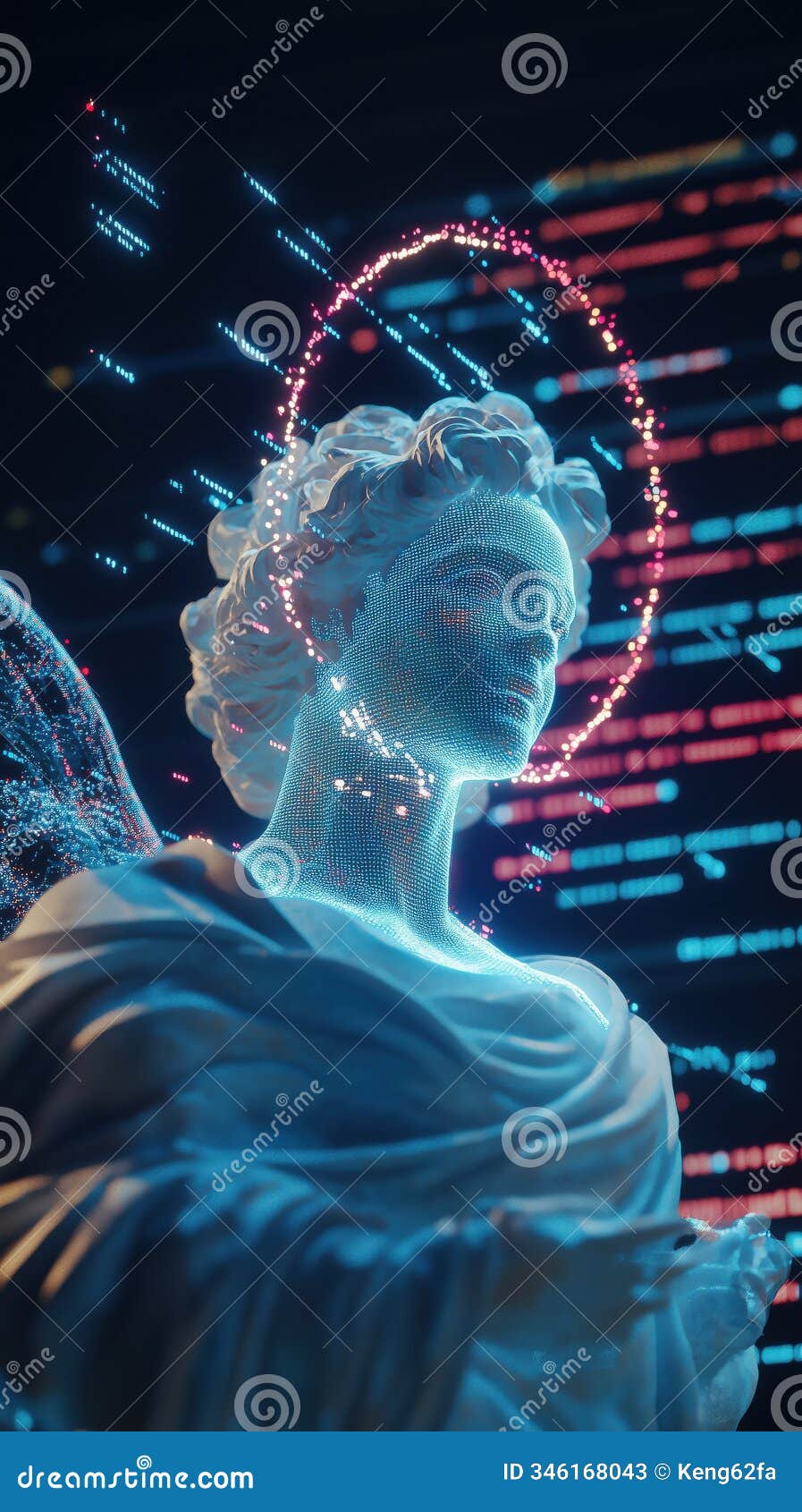 Digital Angel Statue with Glowing Halo and Vibrant Background Lights ...