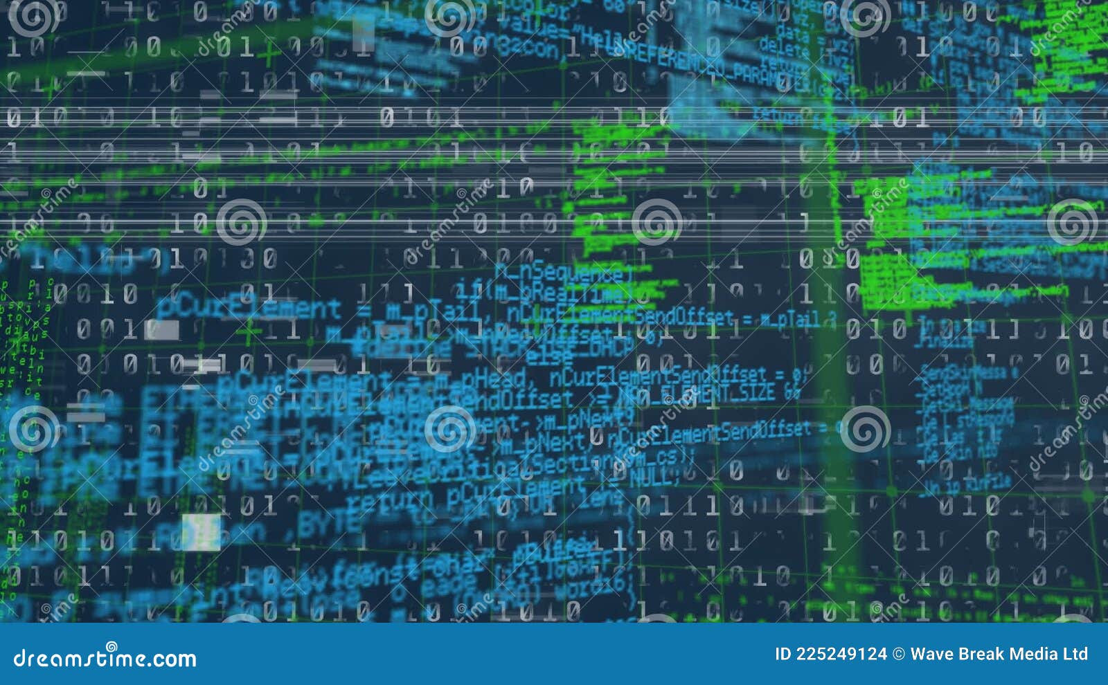 Digital Animation Of Data Processing Over Grid Network Against Binary Coding On Blue Background