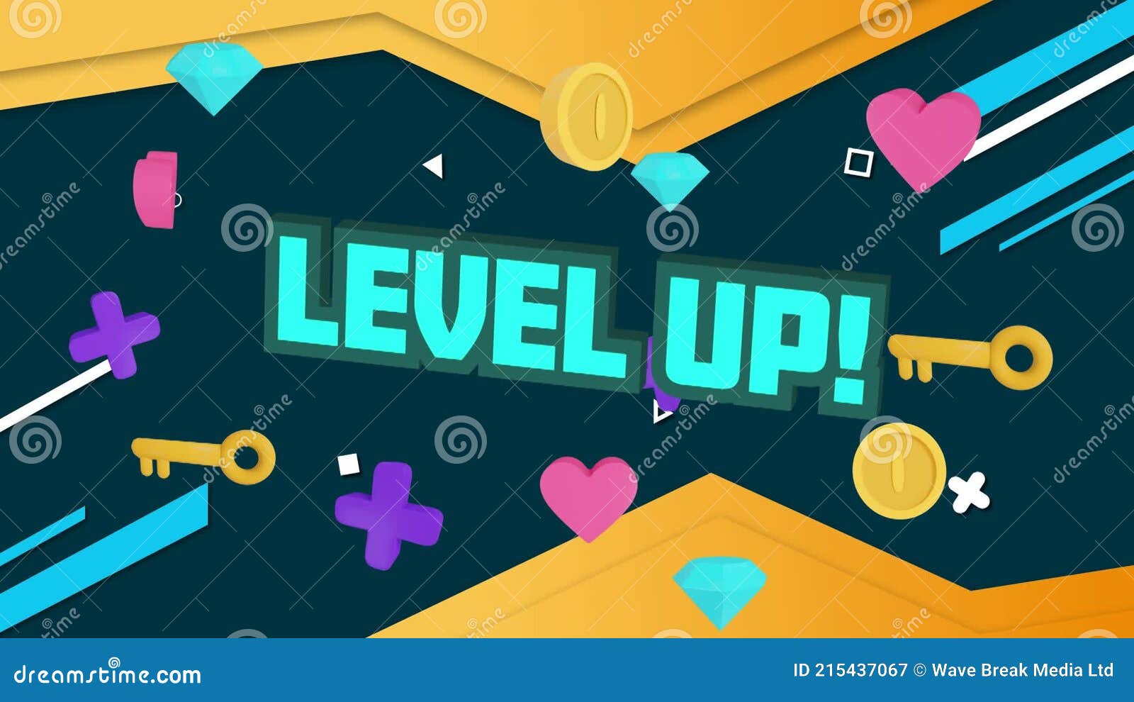 Digital Animation of Level Up Text and Abstract Shapes Against Blue ...