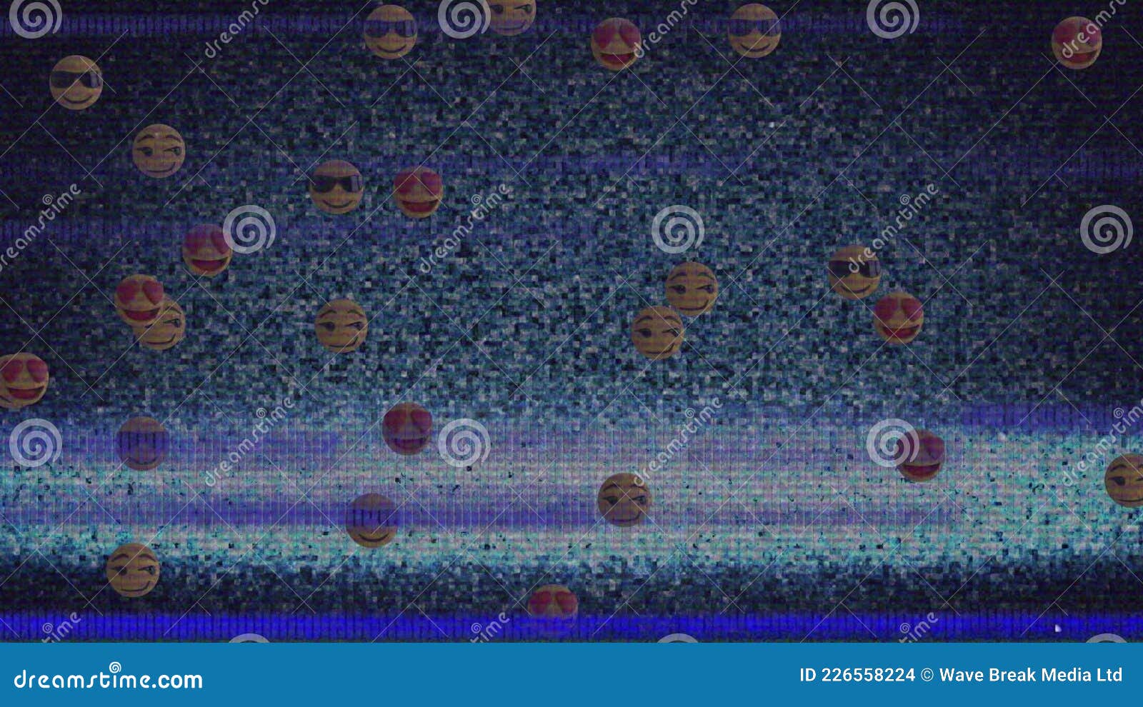Digital Animation of Multiple Face Emojis Floating Against Tv Static ...
