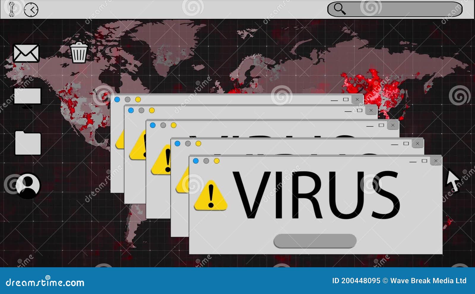 Digital Animation of Multiple Tabs with Hazard Icon and Virus Text ...
