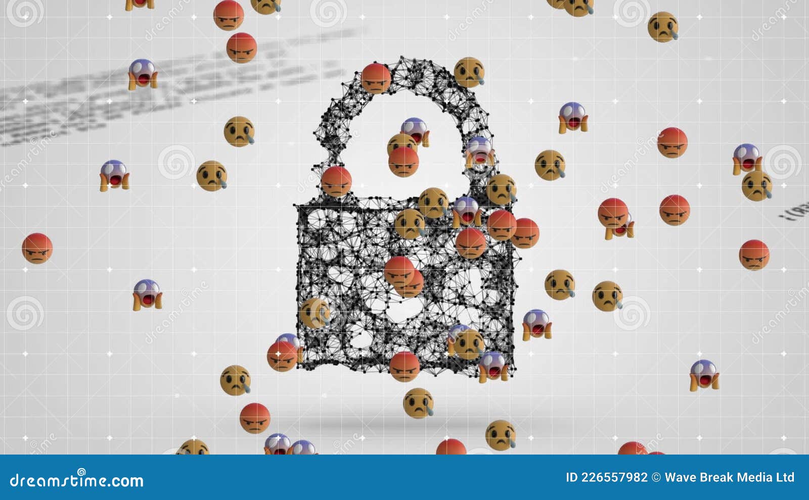 Digital Animation of Security Padlock Icon and Multiple Face Emojis ...