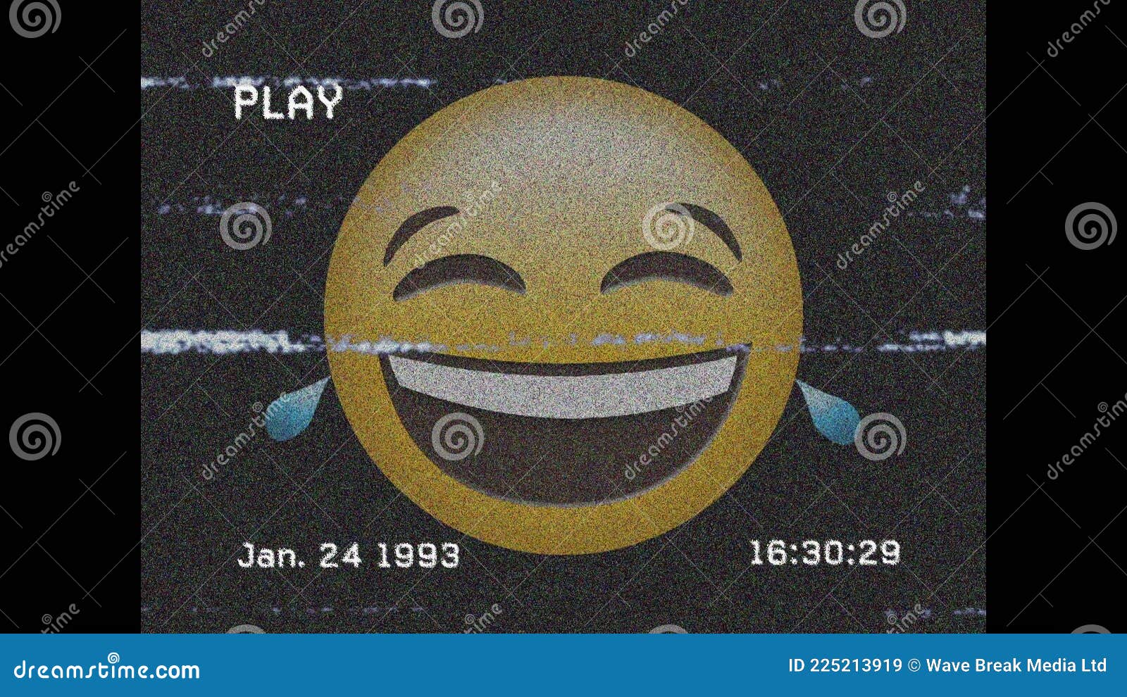 Digital Animation of Vhs Glitch Effect Over Laughing Face Emoji Against ...