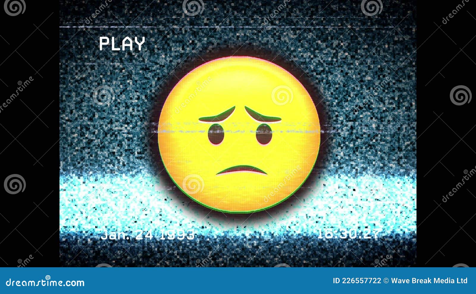 Digital Animation of Vhs Glitch Effect Over Sad Face Emoji Against Tv ...