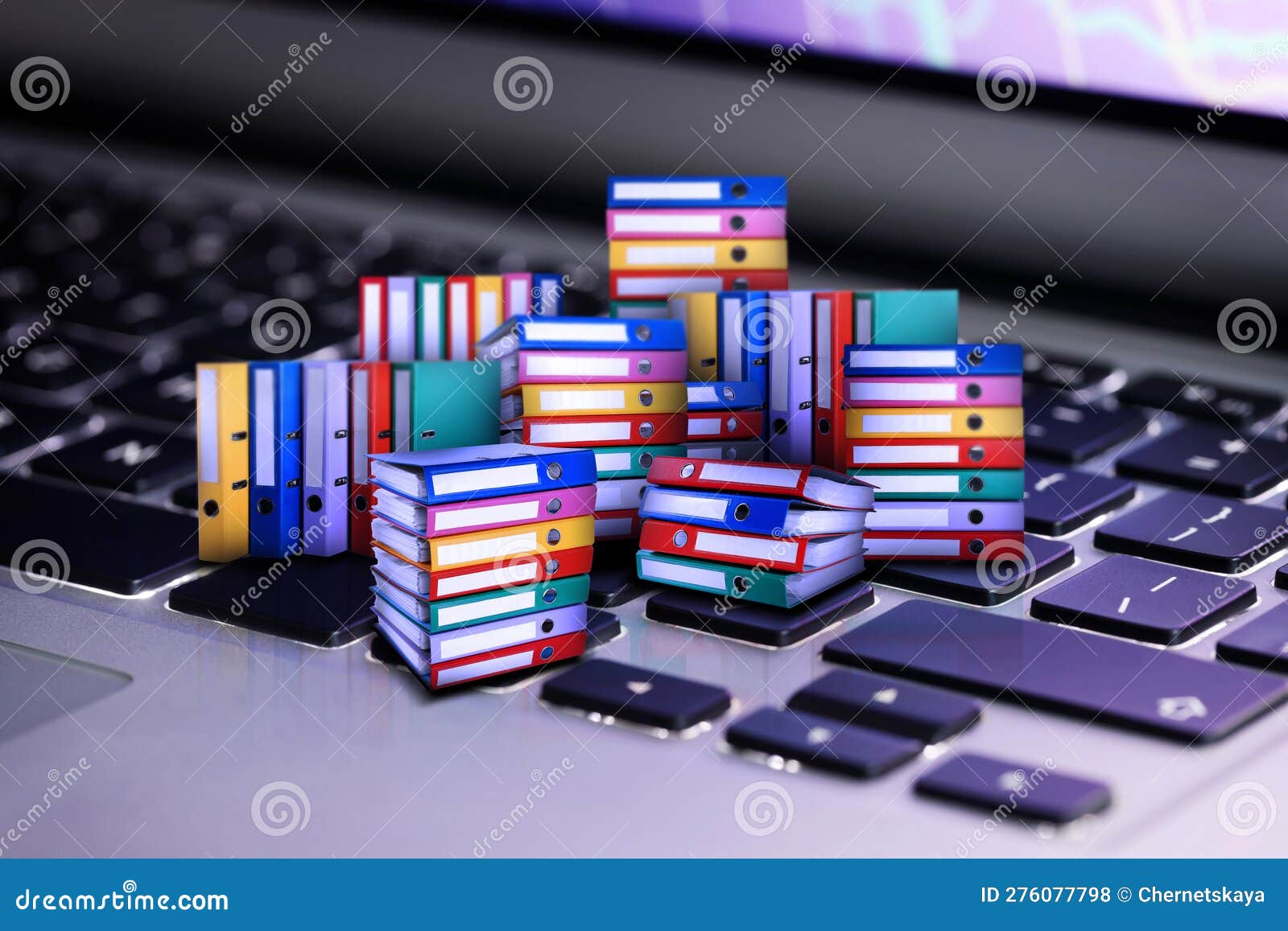 Digital Archive. Laptop Keyboard with Many Downsized Folders, Closeup ...