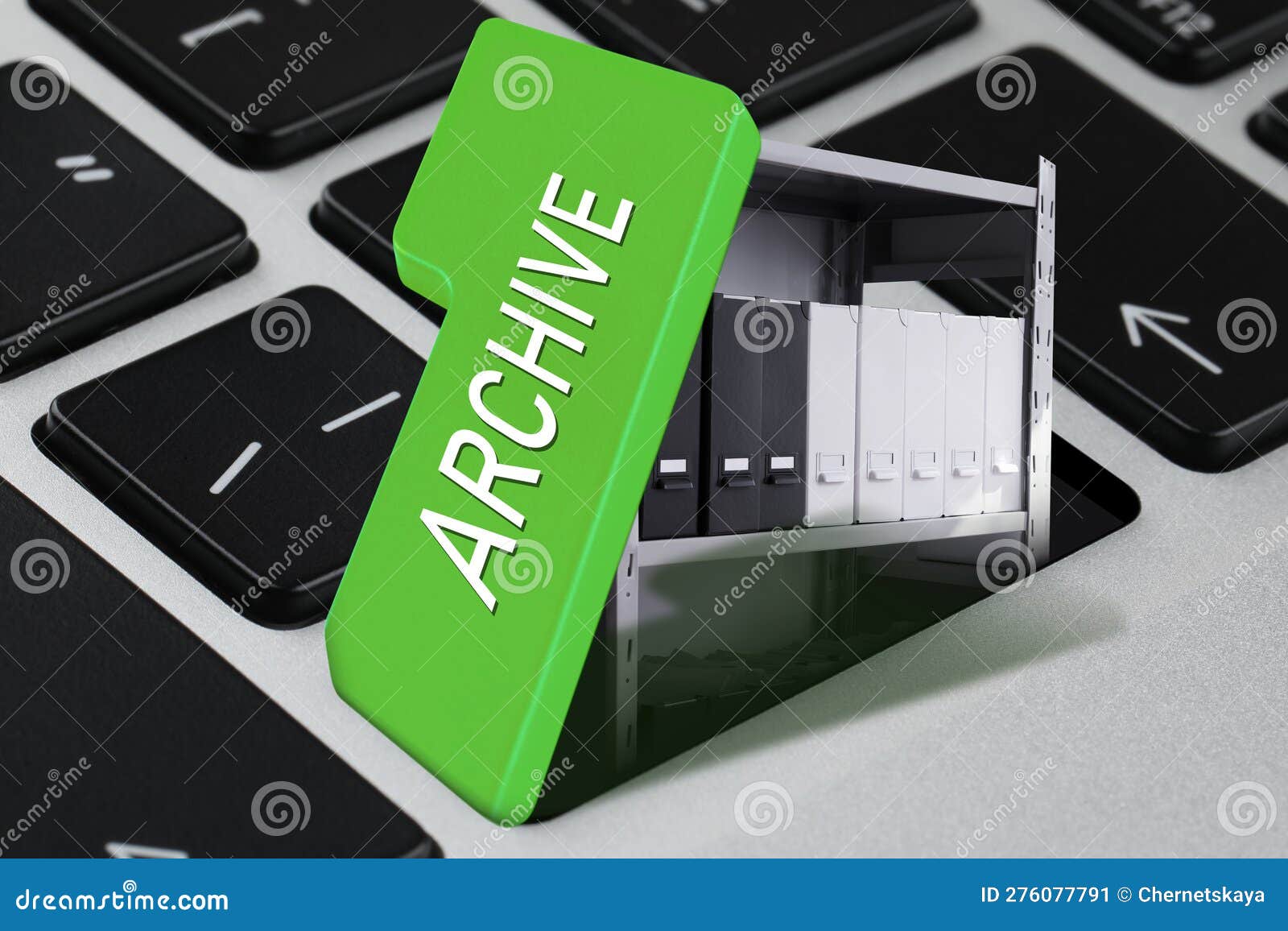 Digital Archive. Rack with Folders Under Open Green Button on Computer ...
