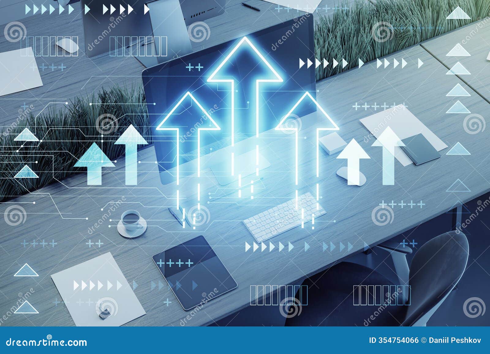 Digital Arrows and Office Desk with Devices, Glowing Light Graphics ...