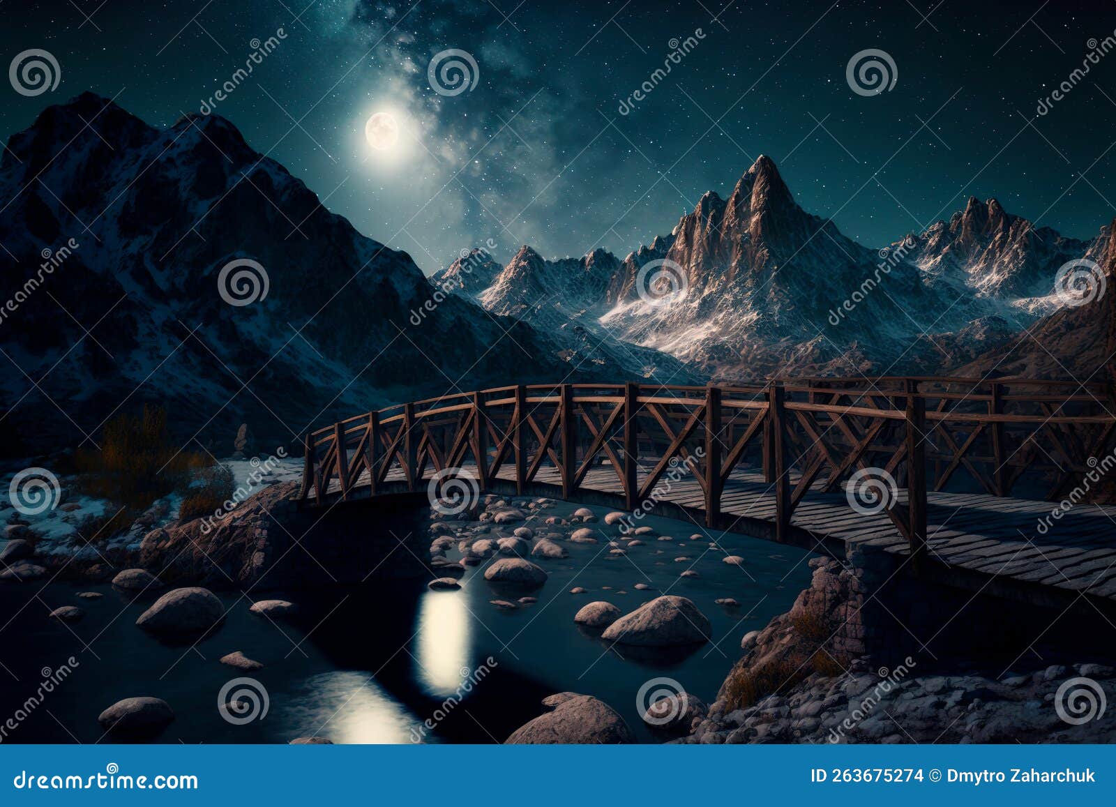 Digital Art . Bridge Across the River in the Mountains Against the ...