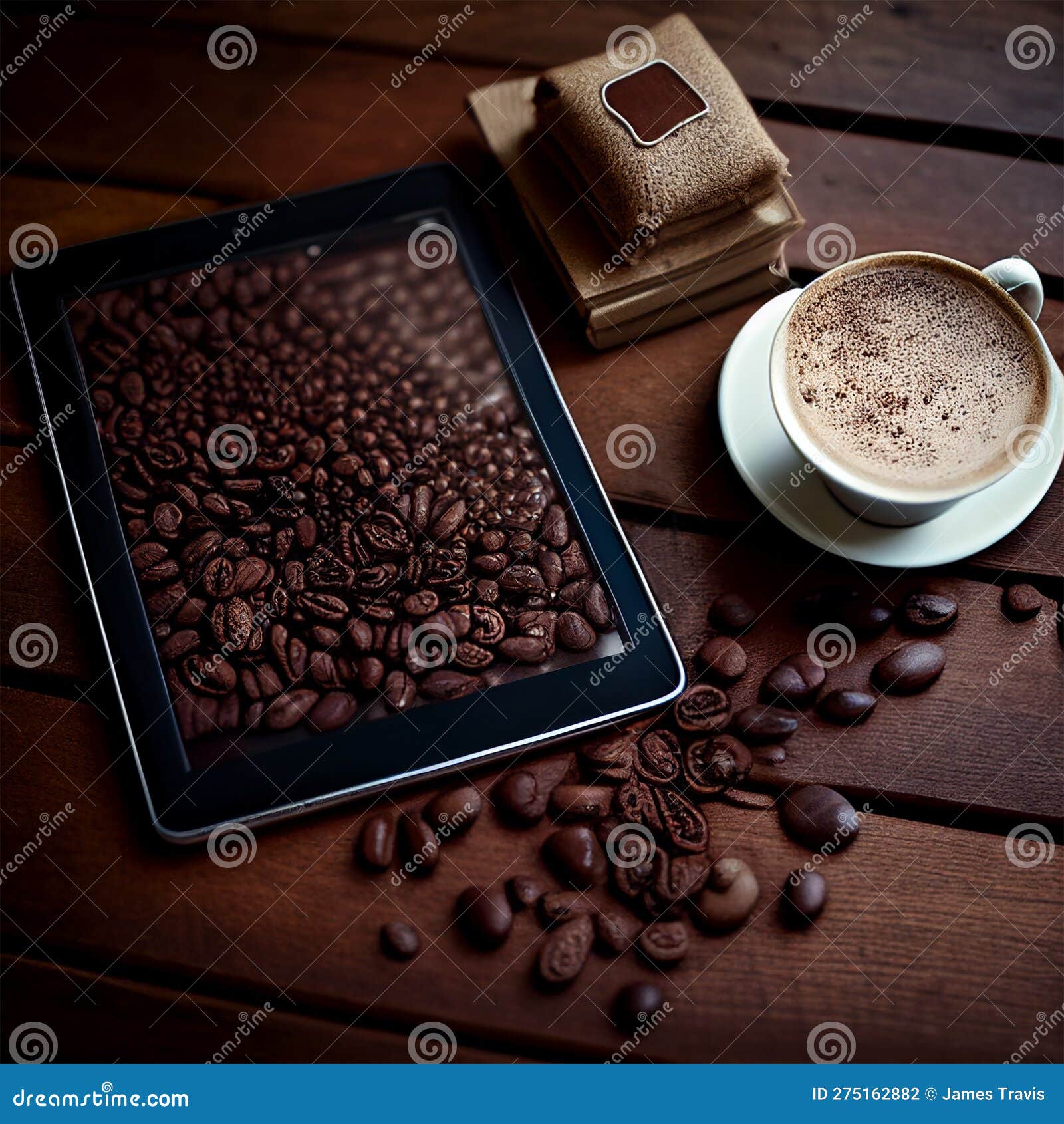 Digital Art of Computer Tablet on Table with Coffee and Coffee Beans ...