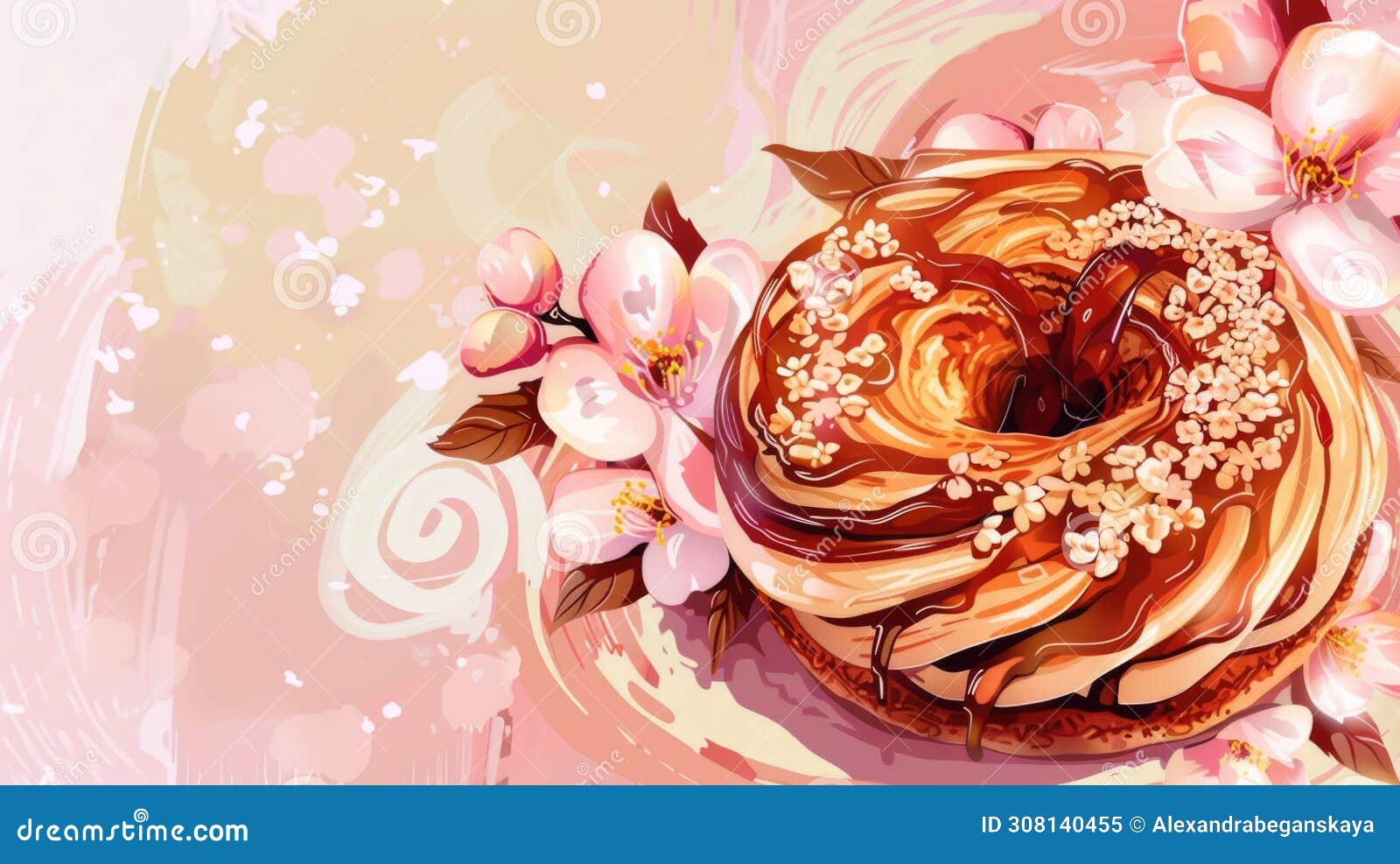 Digital Art of Delicious Pastry with Cherry Blossoms Stock Illustration ...