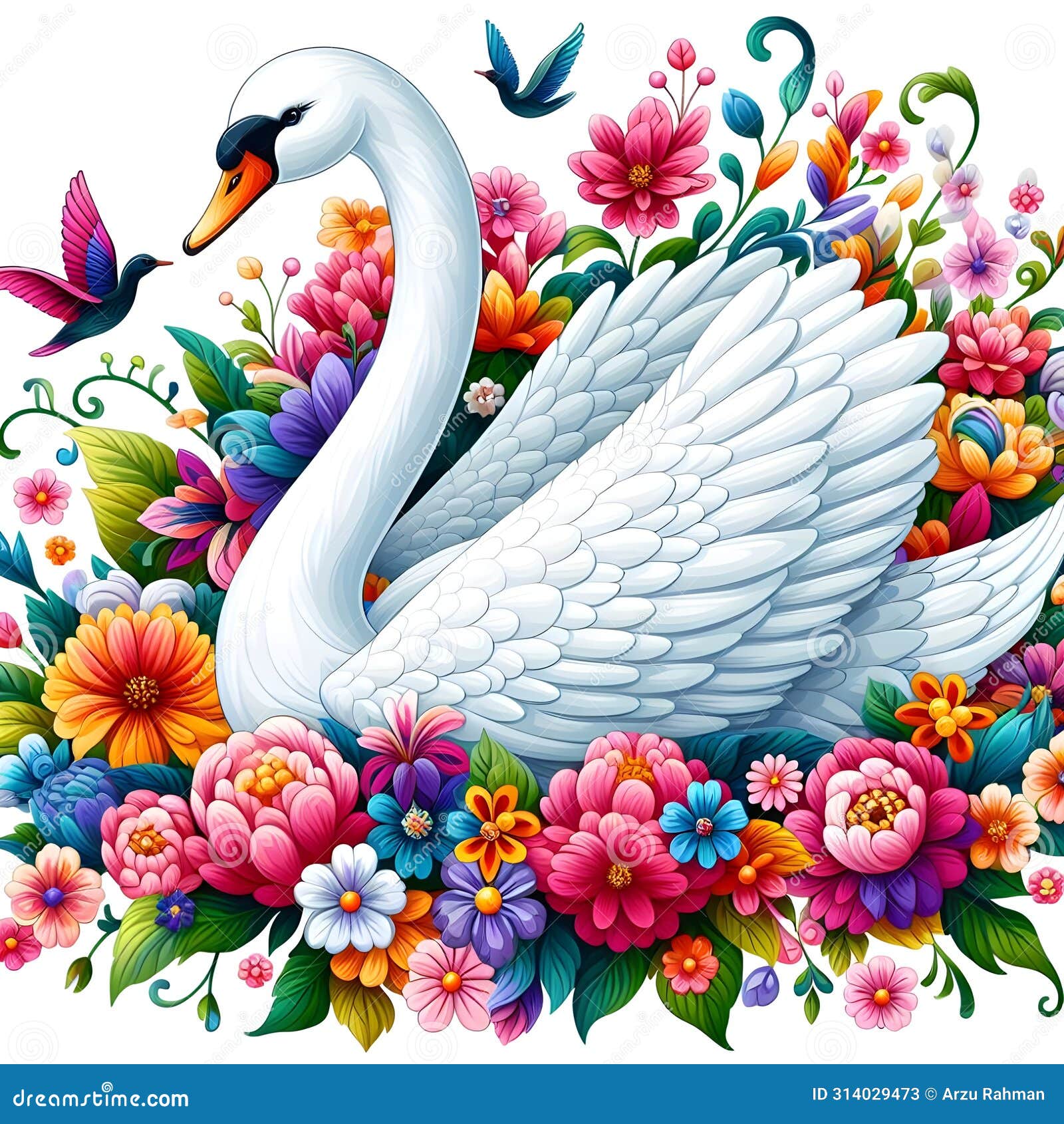Digital Art of an Elegant White Swan in Vibrant Array of Flowers Stock ...