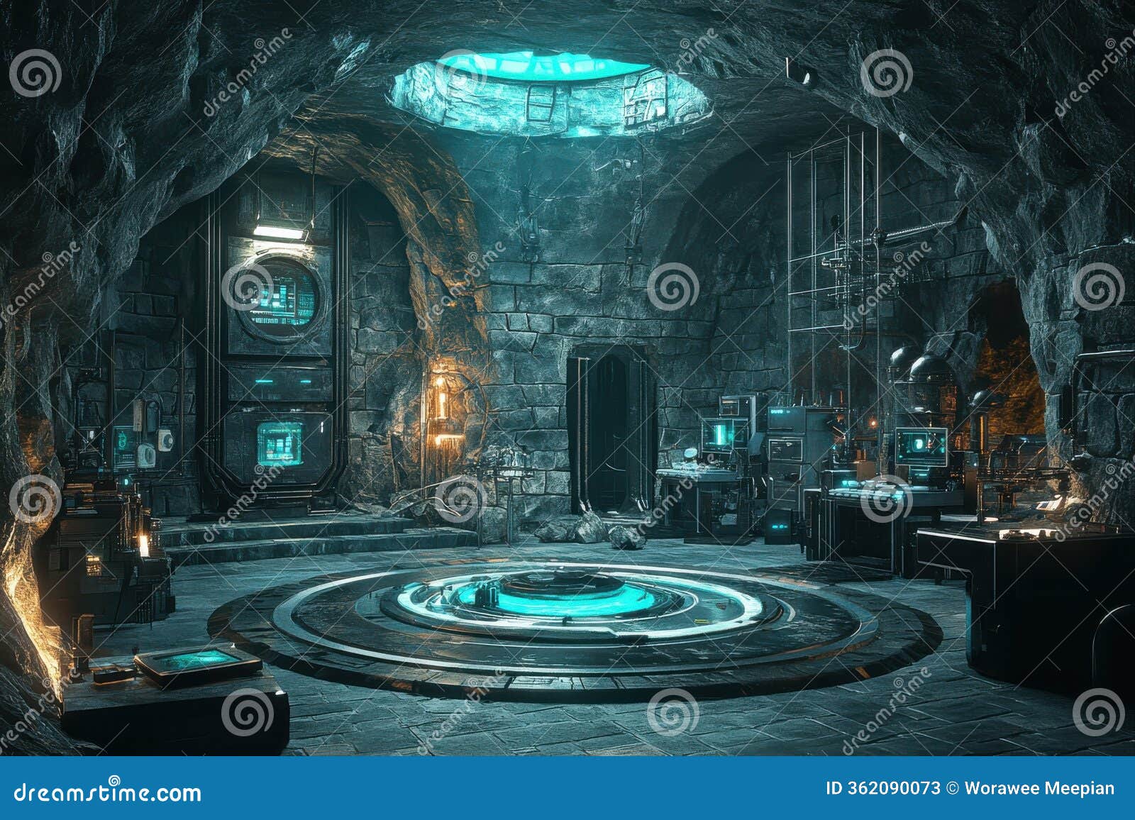 Digital Art of Futuristic Lab Exploring an Abandoned Cave in a Sci-fi ...