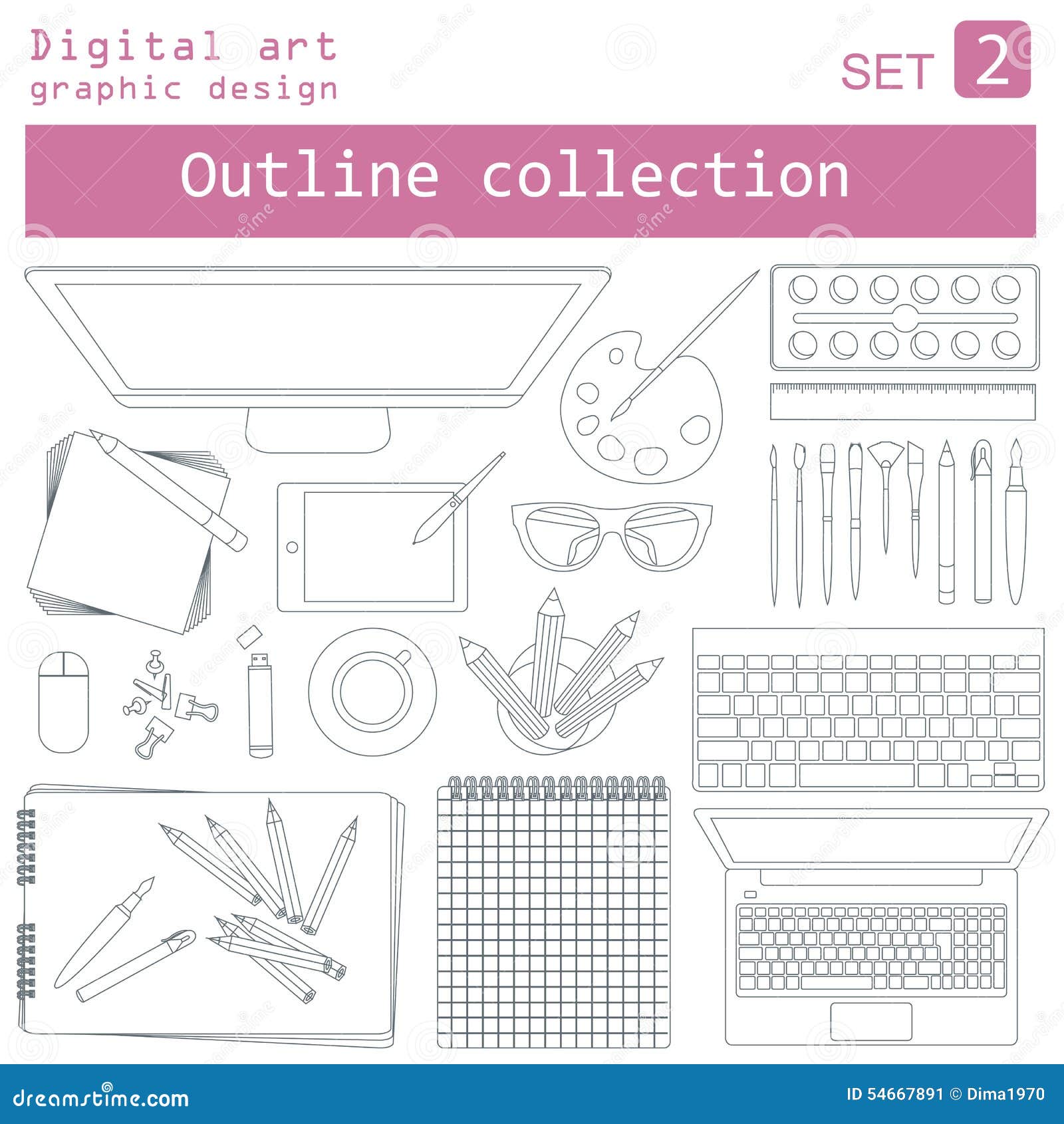 Digital Art and Graphic Design. Working Place in Outline Linear Stock ...