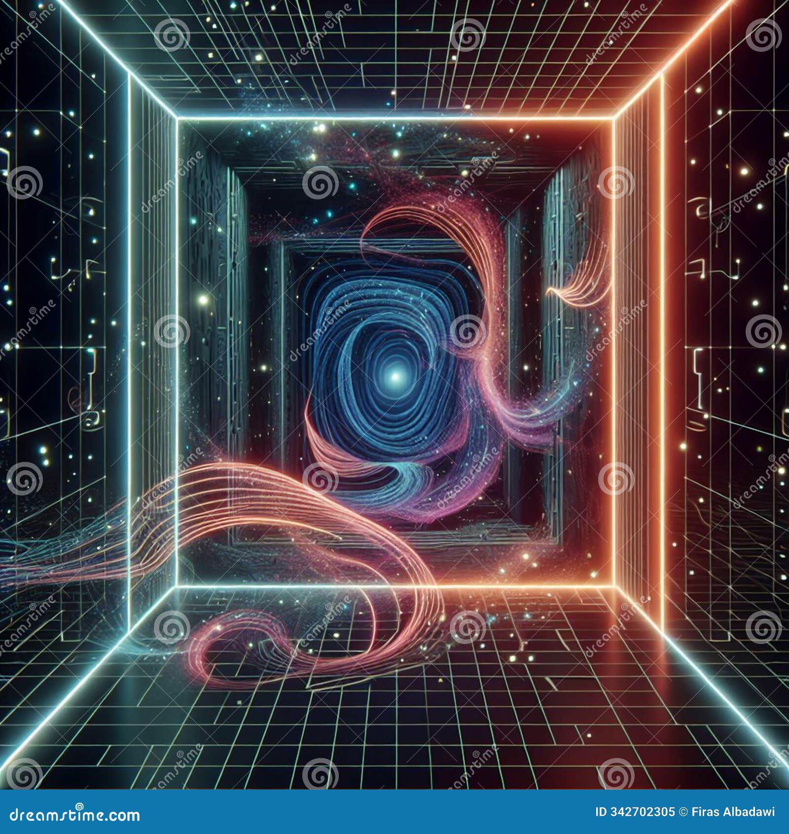 A Digital Art Illustration of a Glowing Blue Spiral in a Dark, Gridded ...