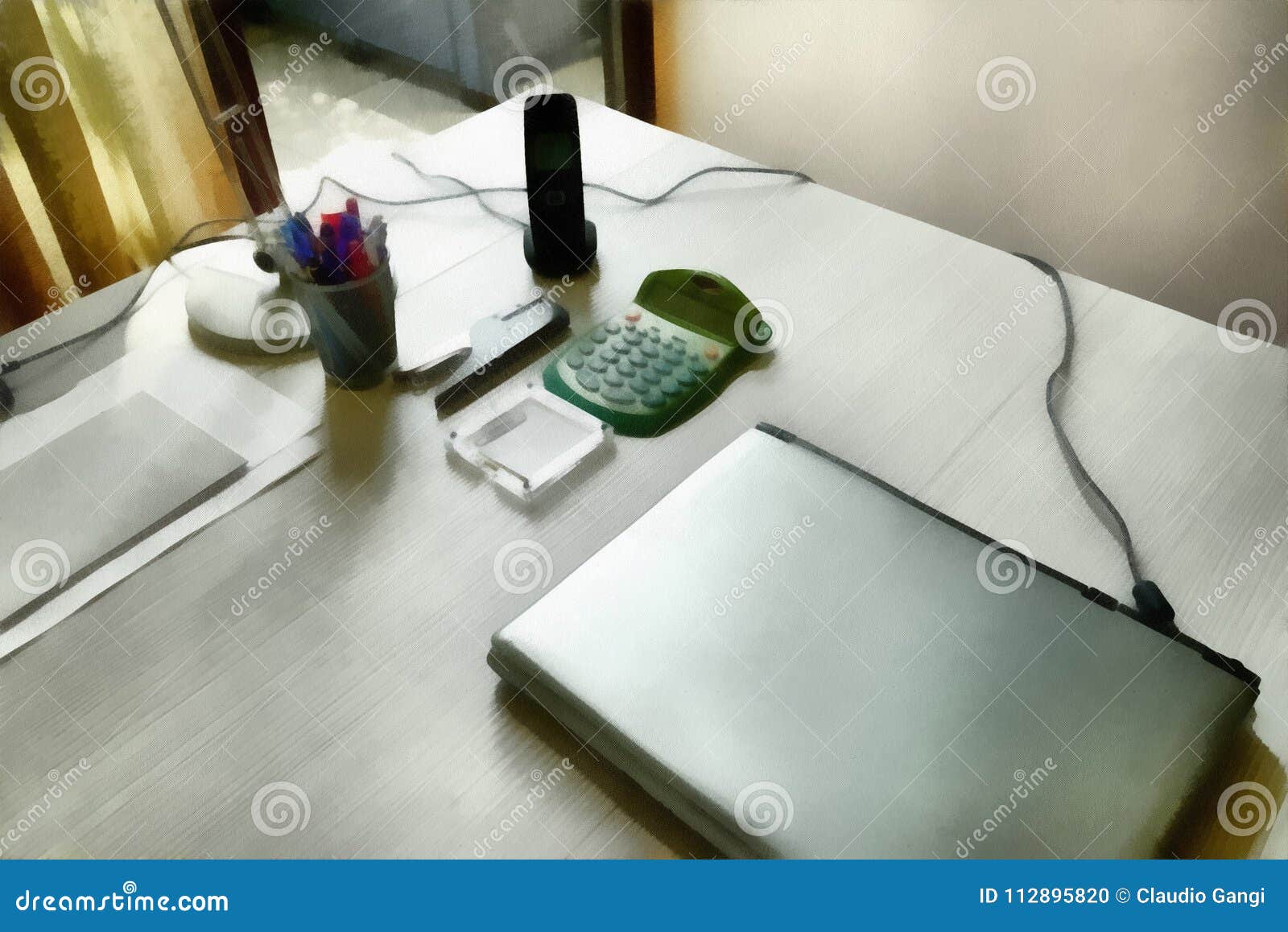 Digital Art Painting - Modern Accessories on Desk with Computer Stock ...