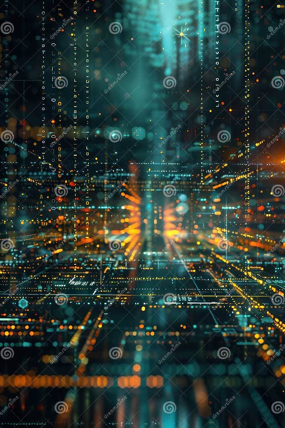 Digital Art Piece Featuring a Complex Web of Binary Code on a Hi-tech ...