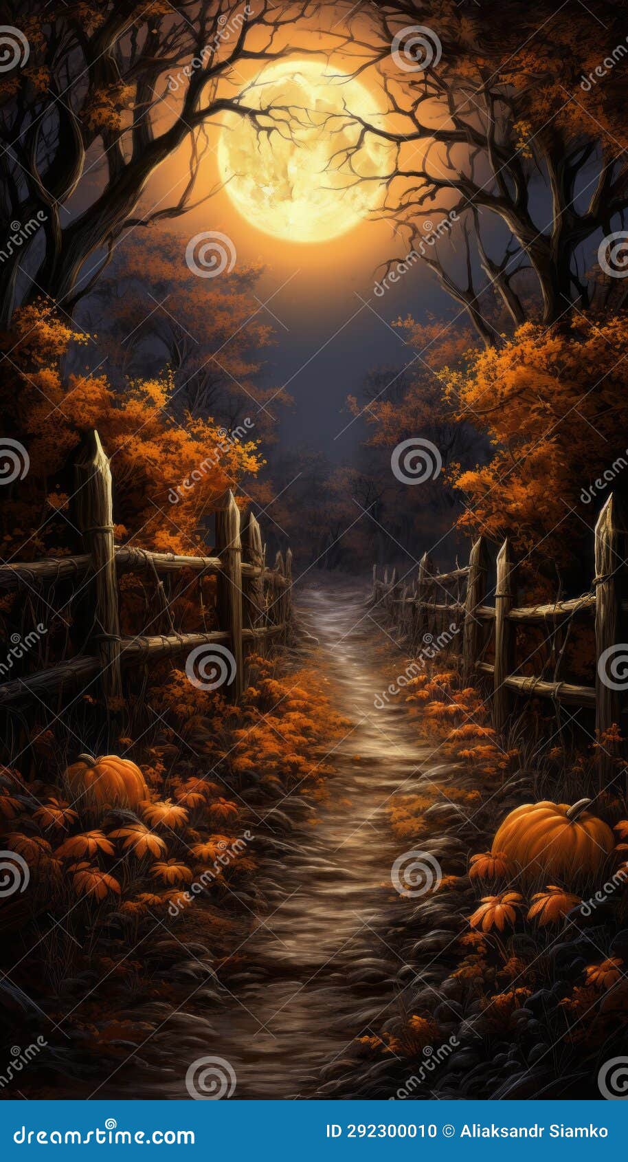 Digital Art Style, Fall Harvest Moon, Spooky Forest Path that Leads Off ...
