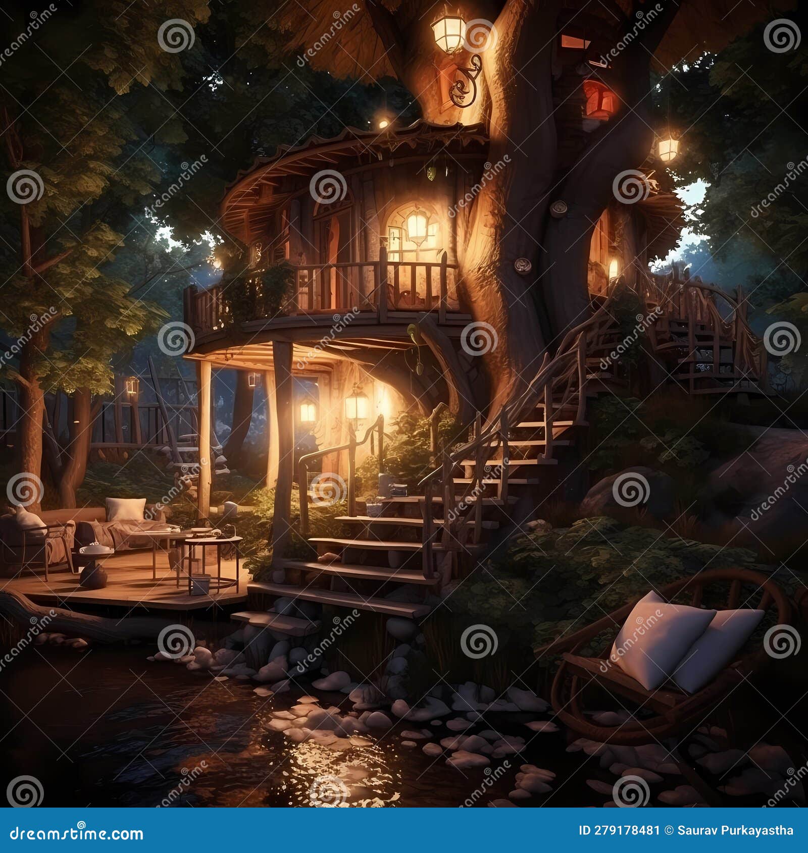 Digital Art of a Treehouse at Night Stock Illustration - Illustration ...