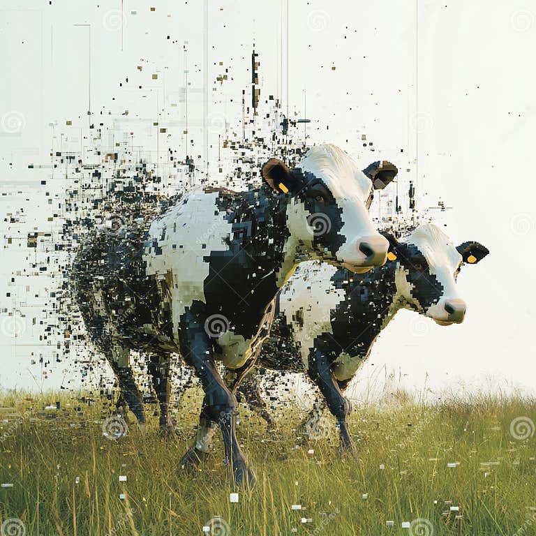 Digital Art of Two Cows in a Field with Pixelated Effect Stock ...