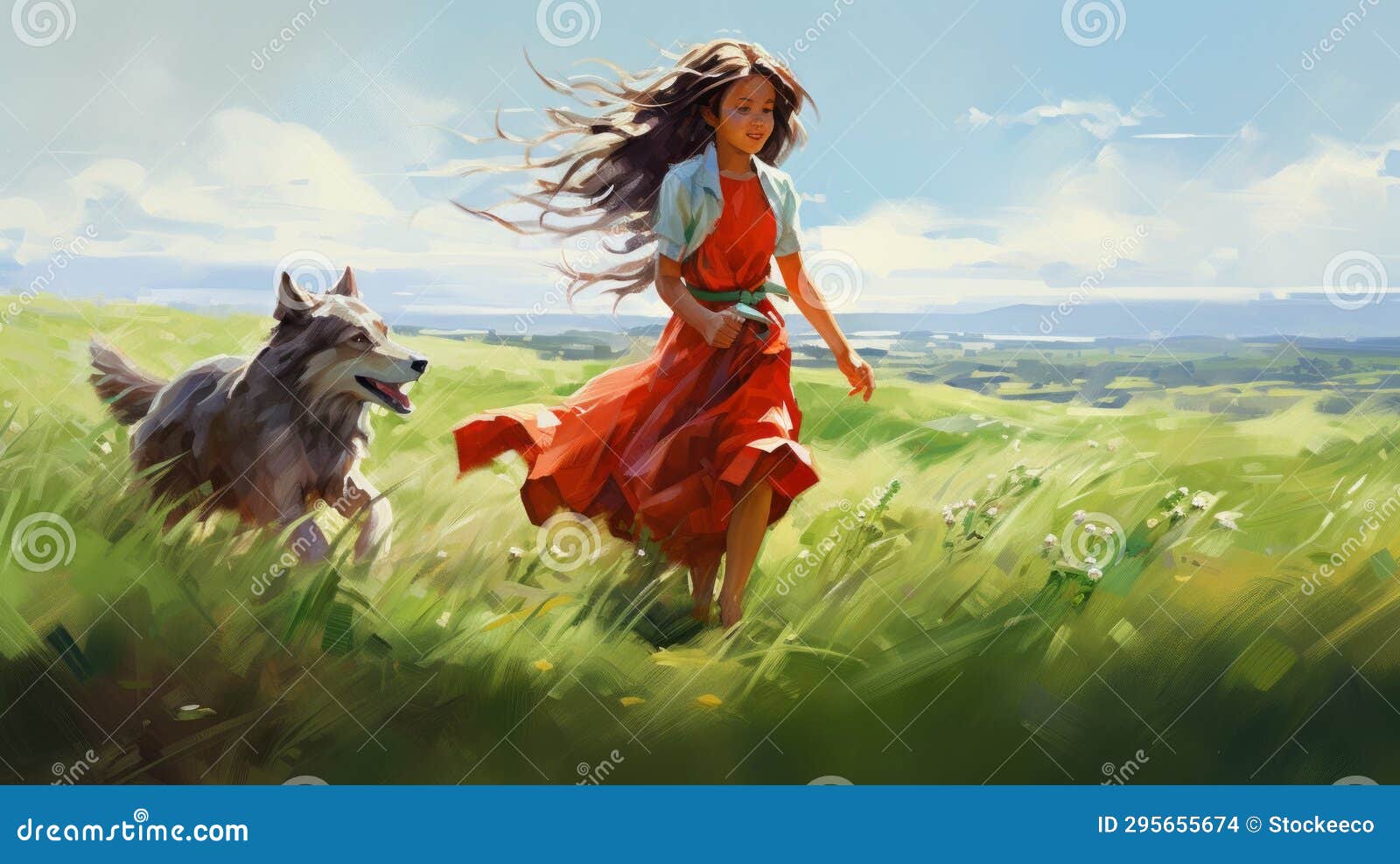 Digital Art: Wolf and Girl Walking Down Grass Slope Stock Illustration ...