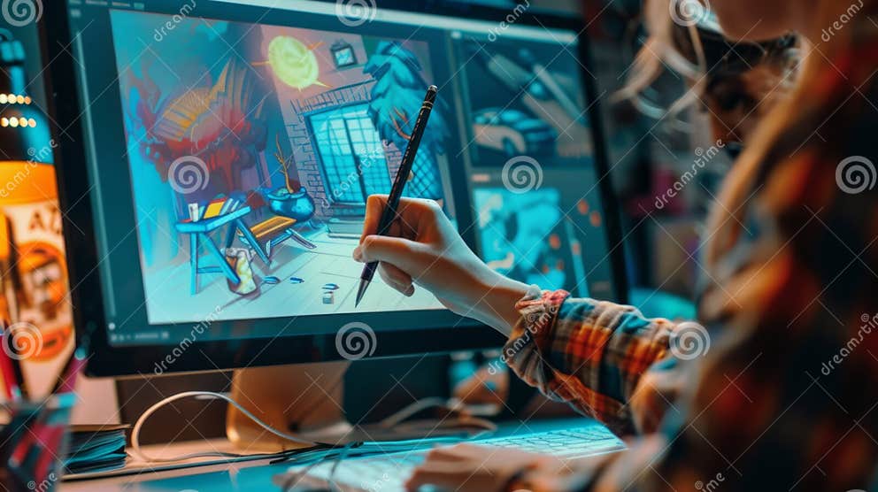 Digital Artist Drawing on a Graphic Tablet in a Creative Workspace ...