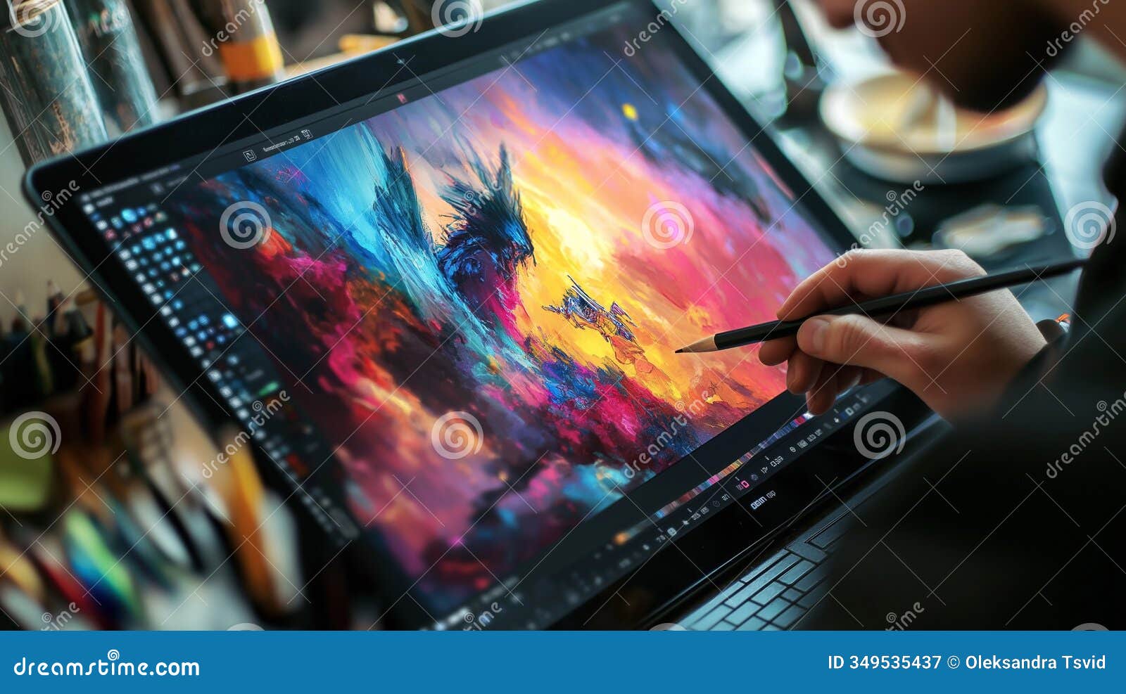 Digital Artist Drawing on a Tablet, Vibrant Colors Exploding from the ...