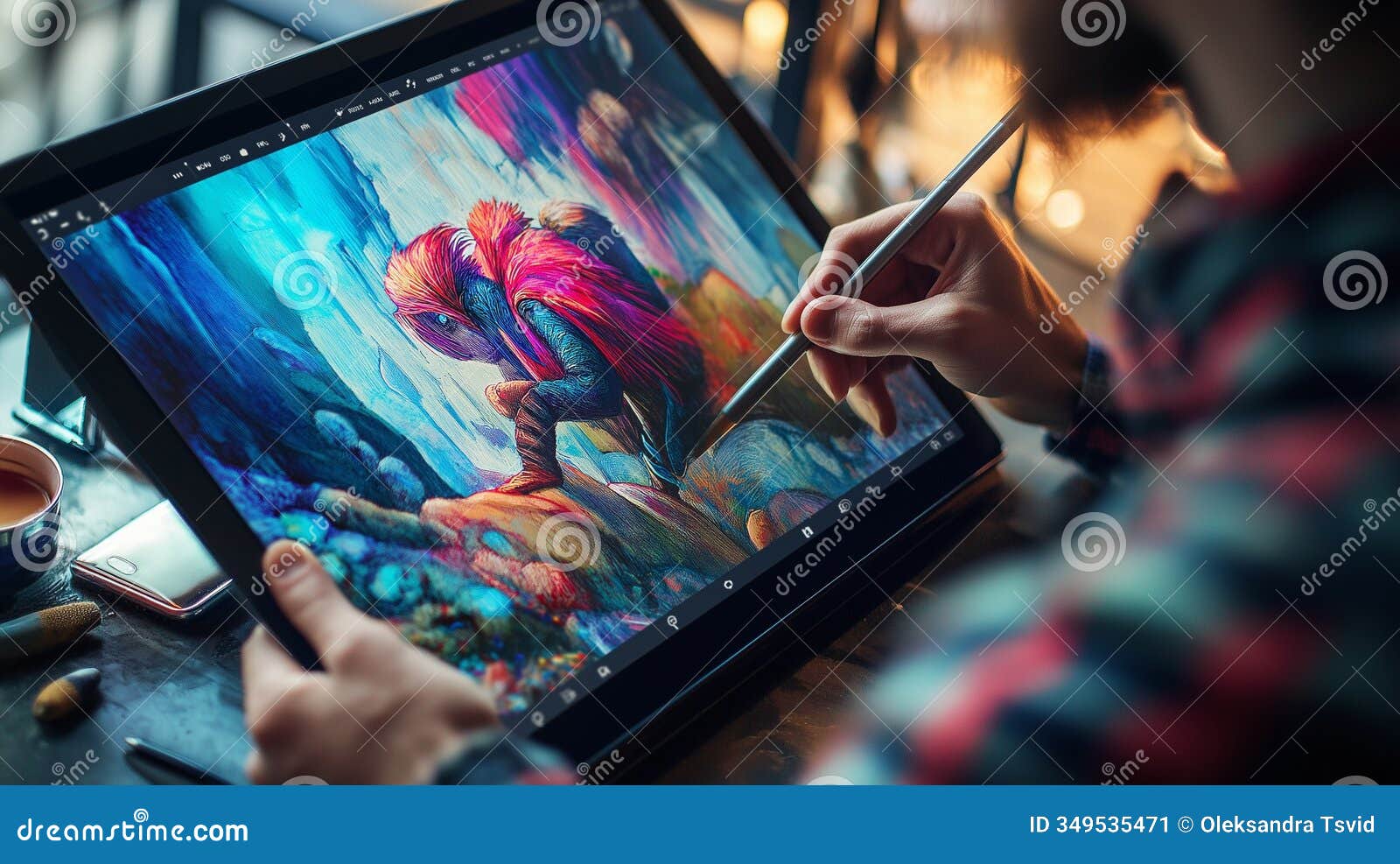 Digital Artist Drawing on a Tablet, Vibrant Colors Exploding from the ...