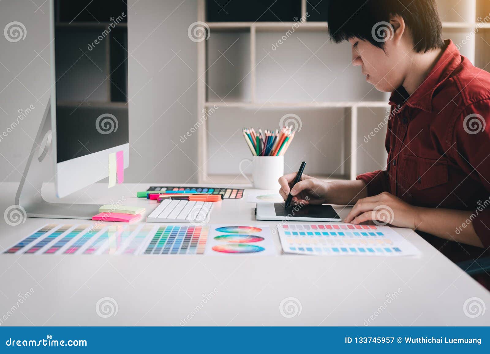 Digital Artist Sketching and Using Computer with Digital Graphic Stock ...