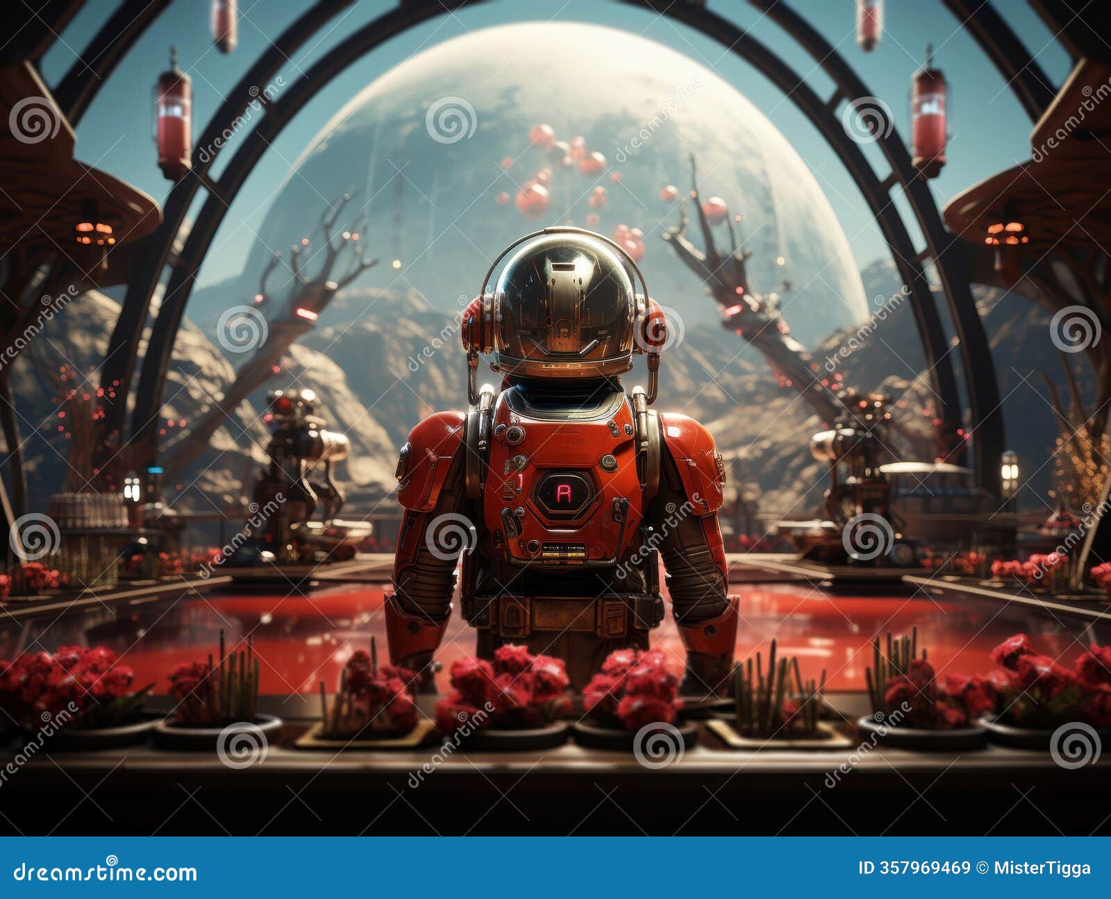 A Digital Artwork of an Astronaut Standing on a Platform in a Space ...