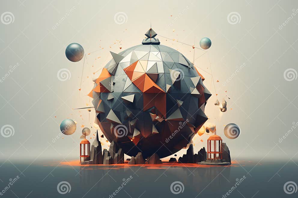 A Digital Artwork of a Building with a Globe on Top, on a Gray ...