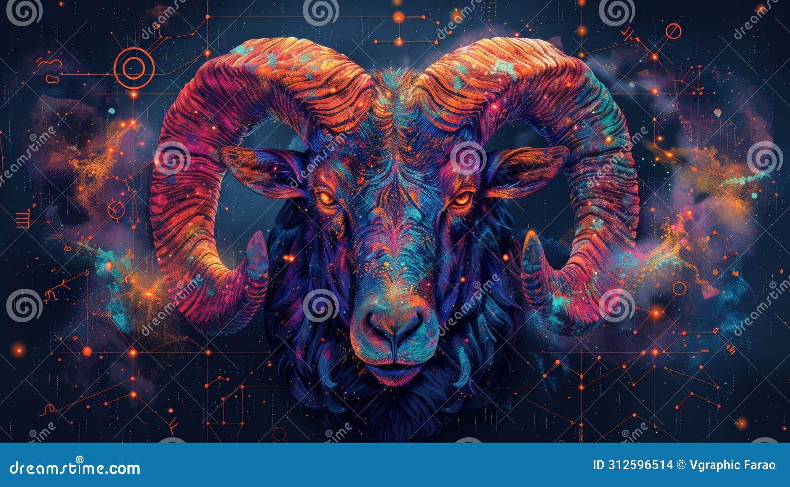 Digital Artwork of a Cosmic Ram with Zodiac Symbols Stock Photo - Image ...