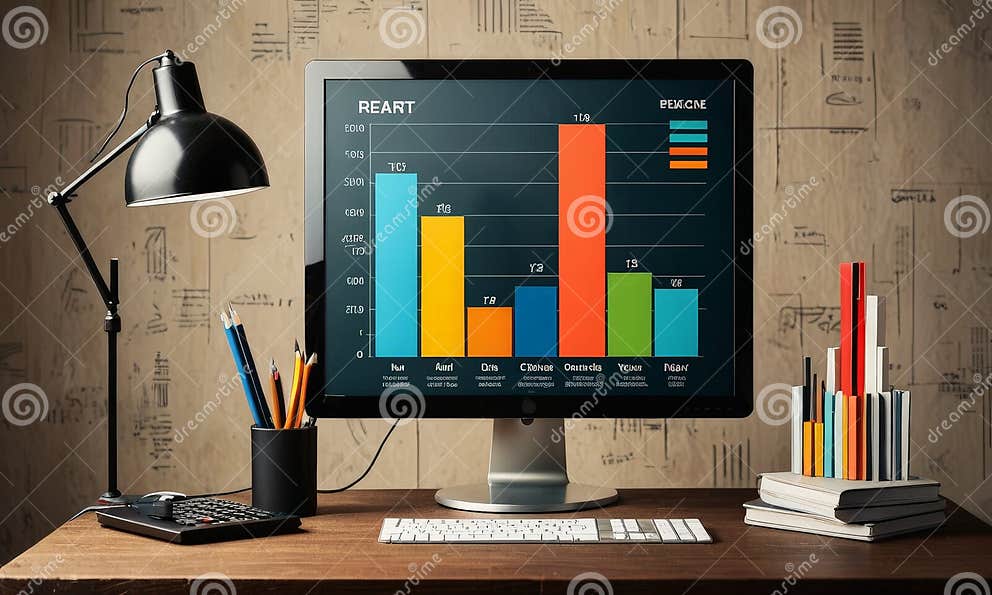 Desktop Computer with Bar Chart on it Stock Illustration - Illustration ...