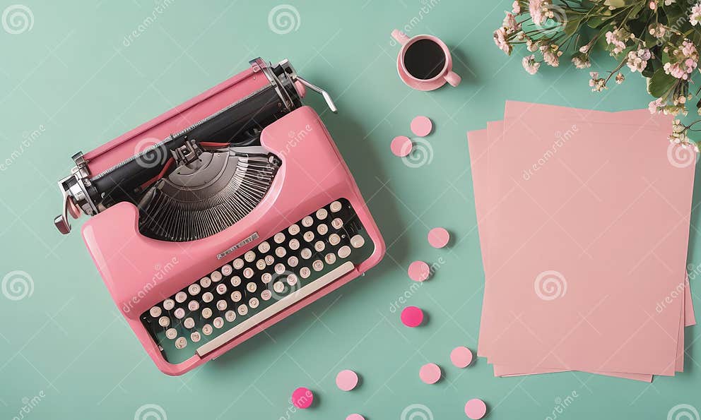 Pink Typewriter and Pink Flowers on Green Background Stock Illustration ...