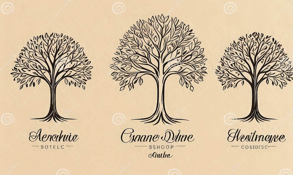 Set Four Stylized Trees with Names Stock Illustration - Illustration of ...