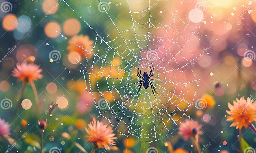 Spider web on flower stock illustration. Illustration of background ...