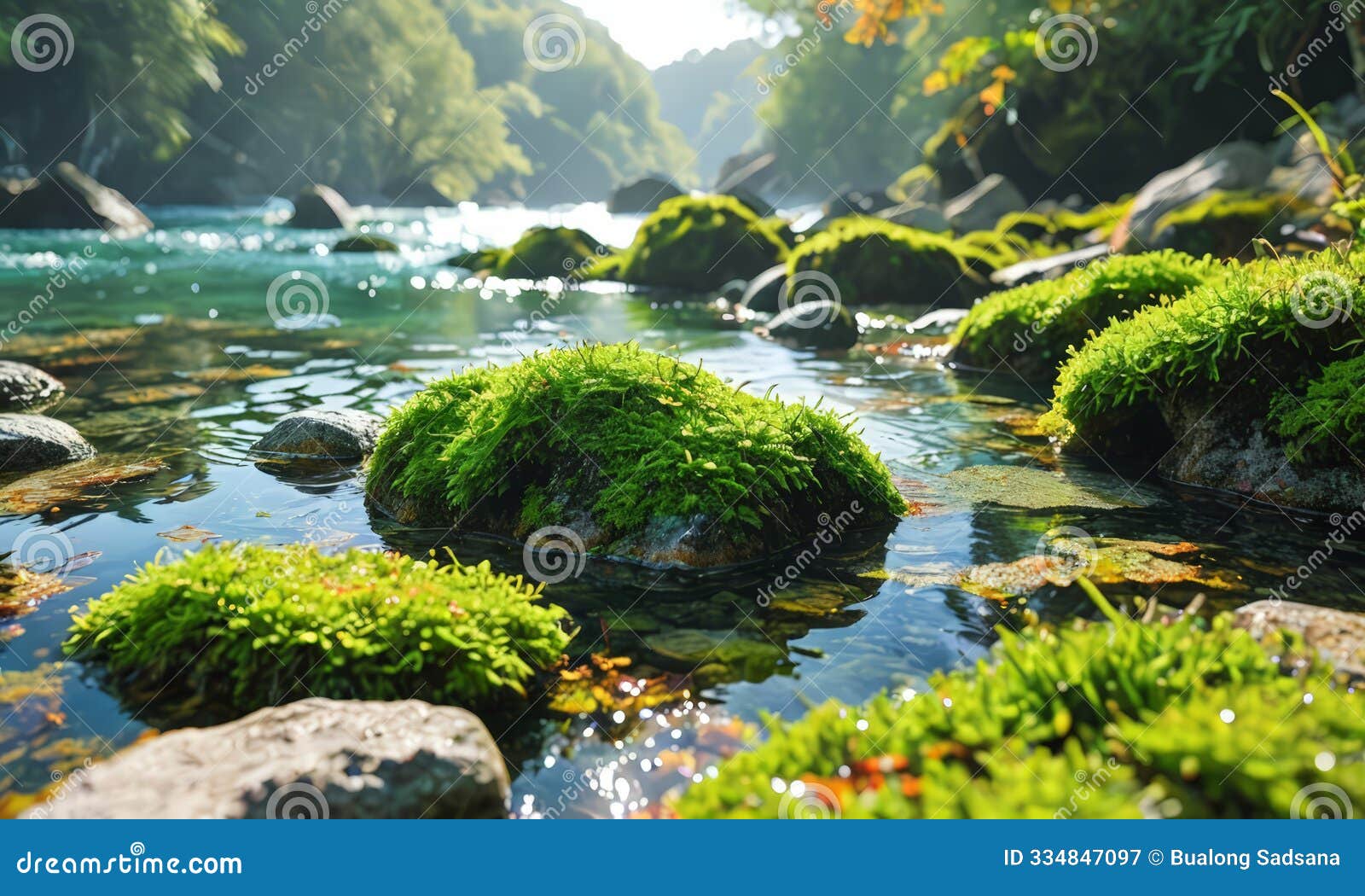 Stream with Moss Growing on Rocks Stock Illustration - Illustration of ...