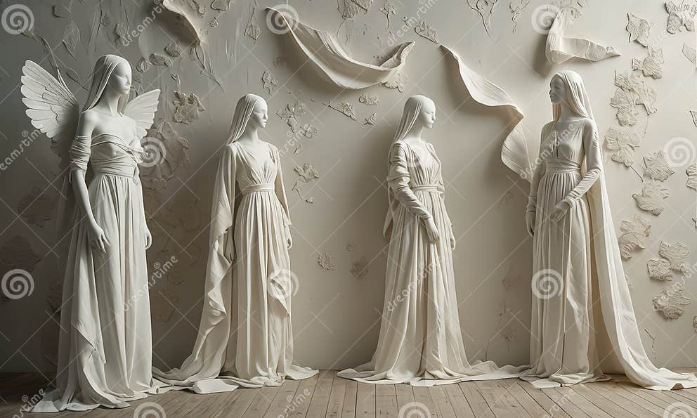 Three White Statues in Room with Wall Painted White Stock Image - Image ...