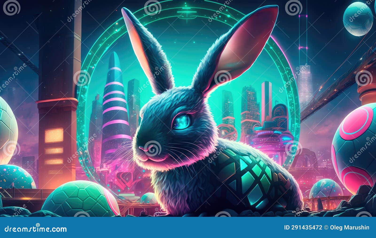 A Digital Artwork of the Easter Bunny with Many Colorful Easter Eggs ...