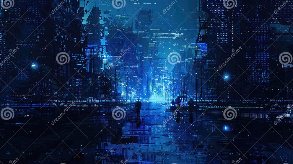 Blue Neon Light Digital Background with Hightech Patterns and Cyber ...