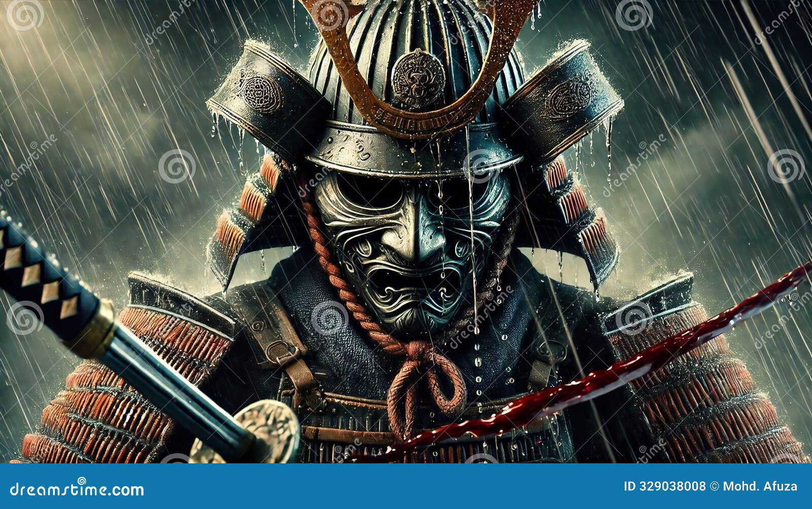 Armored Samurai in the Rain Stock Illustration - Illustration of ...